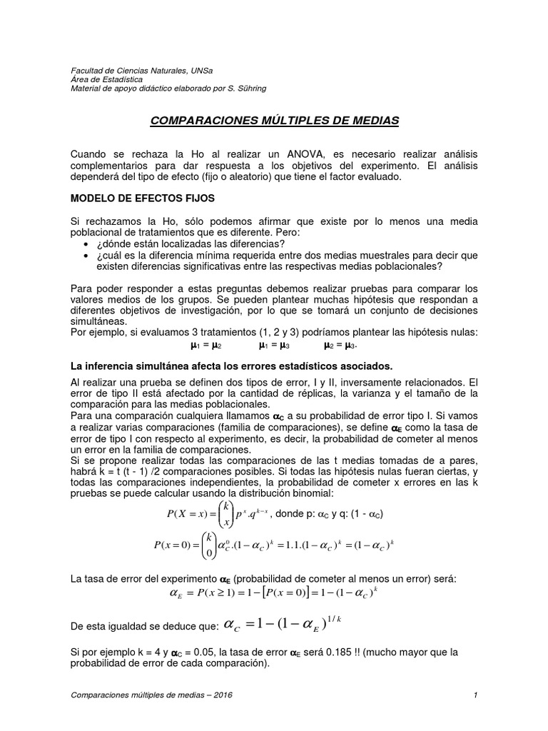 07.3 Comparacic3b3n de Mc3baltiples Medias | PDF | Análisis de variación | Errores tipo I y tipo Ii