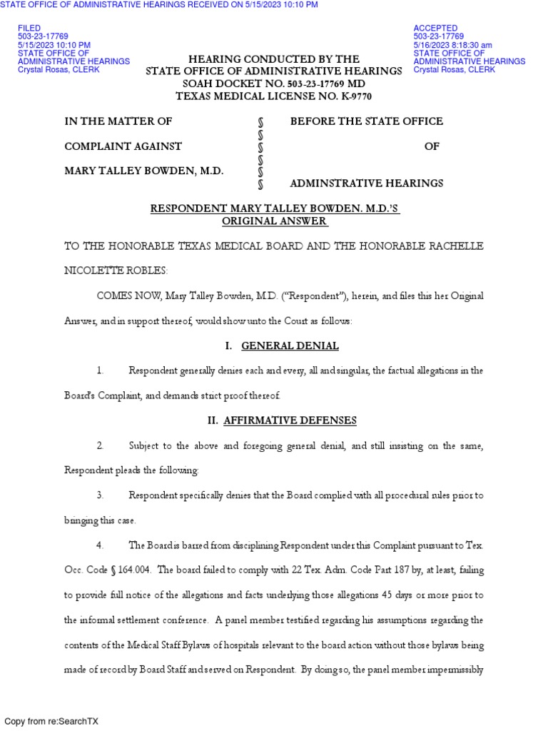 Bowden Response To TMB Complaint (SOAH) | PDF | Complaint | Law Of The ...