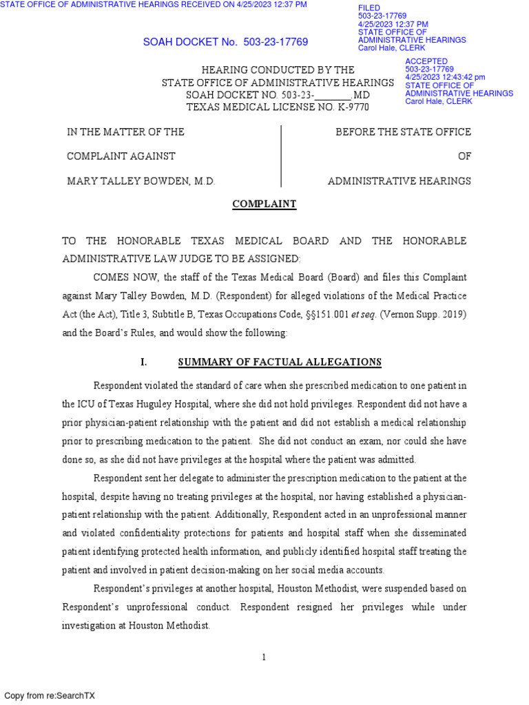 A copy of the formal complaint filed by the Texas Medical Board against ...