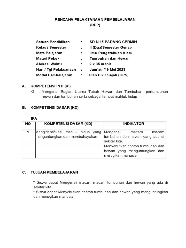Contoh RPP IPA Kelas II | PDF | Sains & Matematika