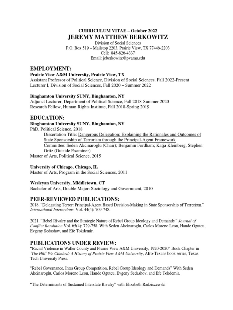 Jeremy Berkowitz CV: Political Science Prof | PDF | Science