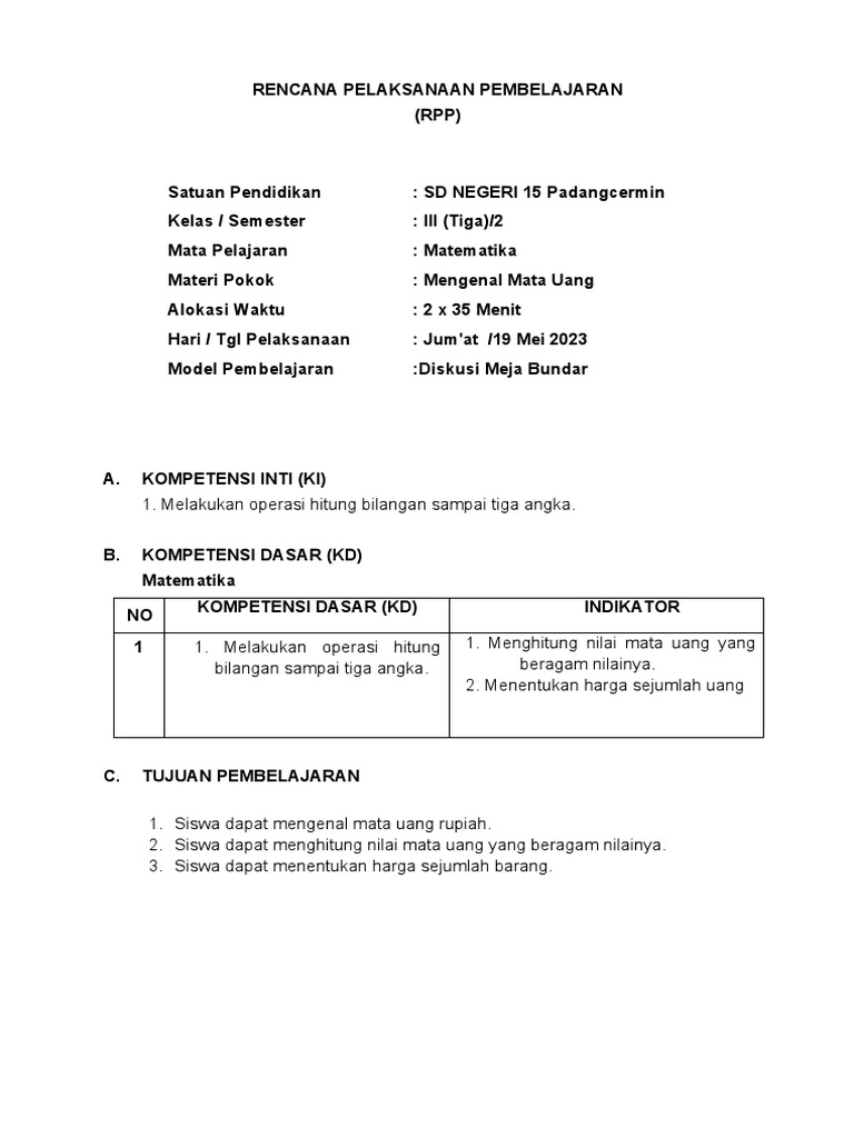Contoh Dwi S.W RPP MTK Kls III | PDF