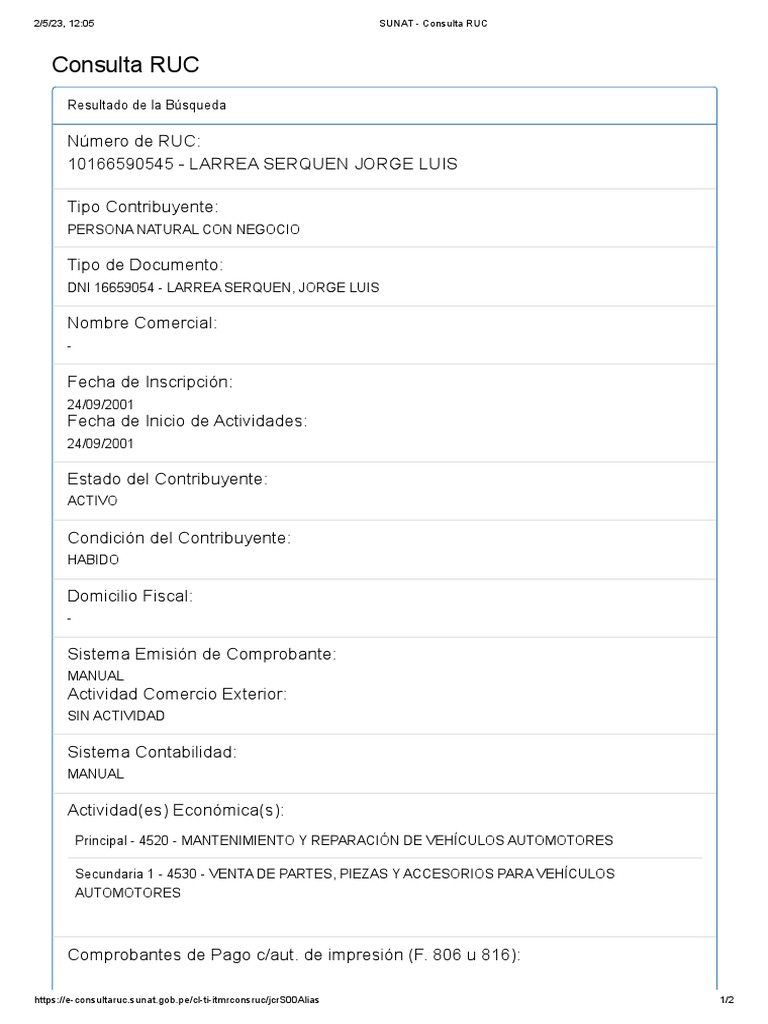 Consulta RUC: Larrea Serquen Jorge Luis | PDF