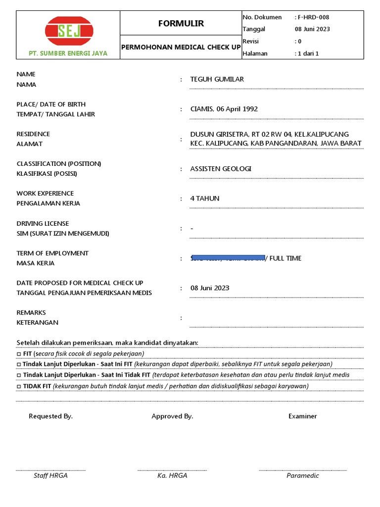 F-HRD-017 Form Permohonan Mcu Dan Induksi | PDF