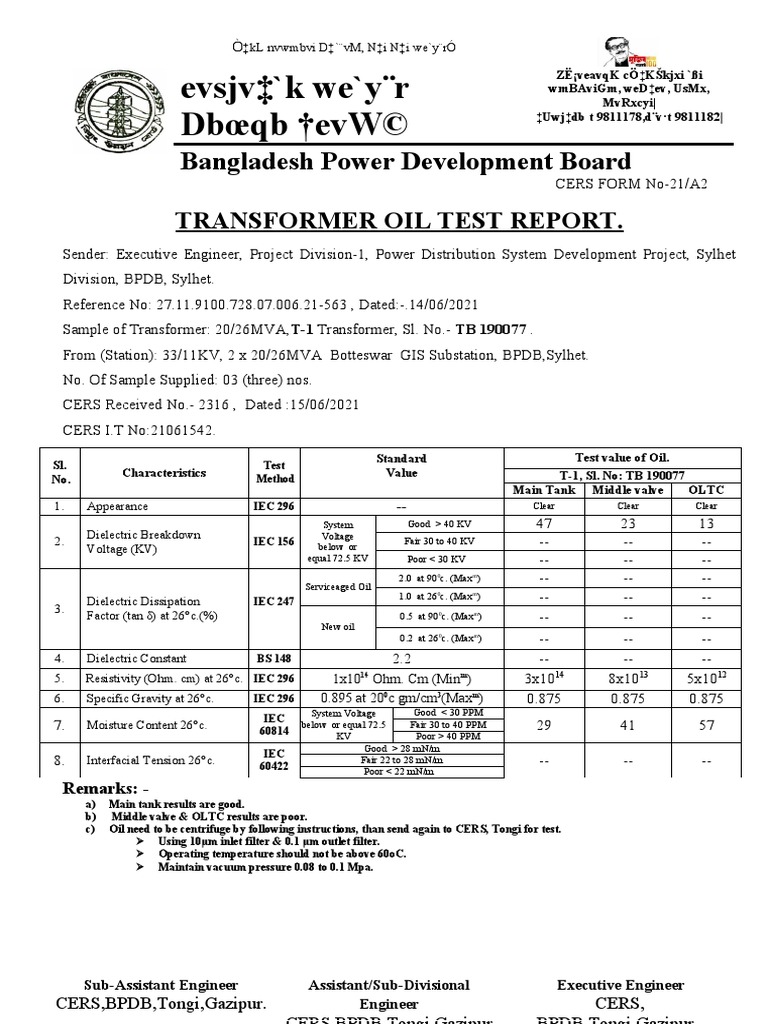 Sylhet Project With DGA-42 | PDF | Volt | Transformer