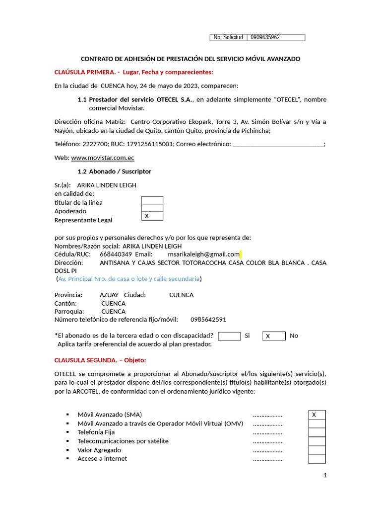 Contrato de Servicio Móvil Avanzado OTECEL | PDF