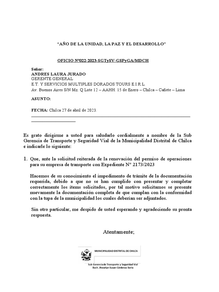 OFICIO - N°021-2023-SGTySV - CAÑETE | PDF | Negocios | Derecho