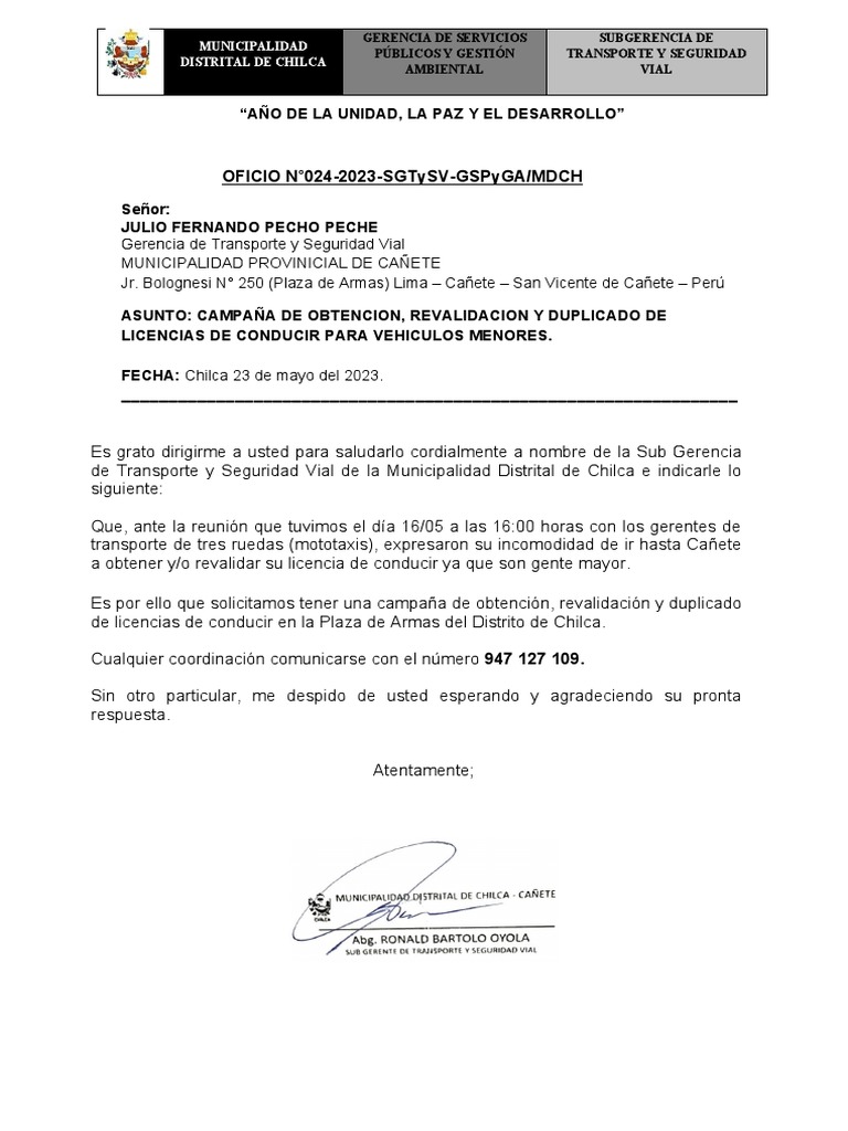 OFICIO - N°024-2023-SGTySV - LICENCIA DE CONDUCIR | PDF