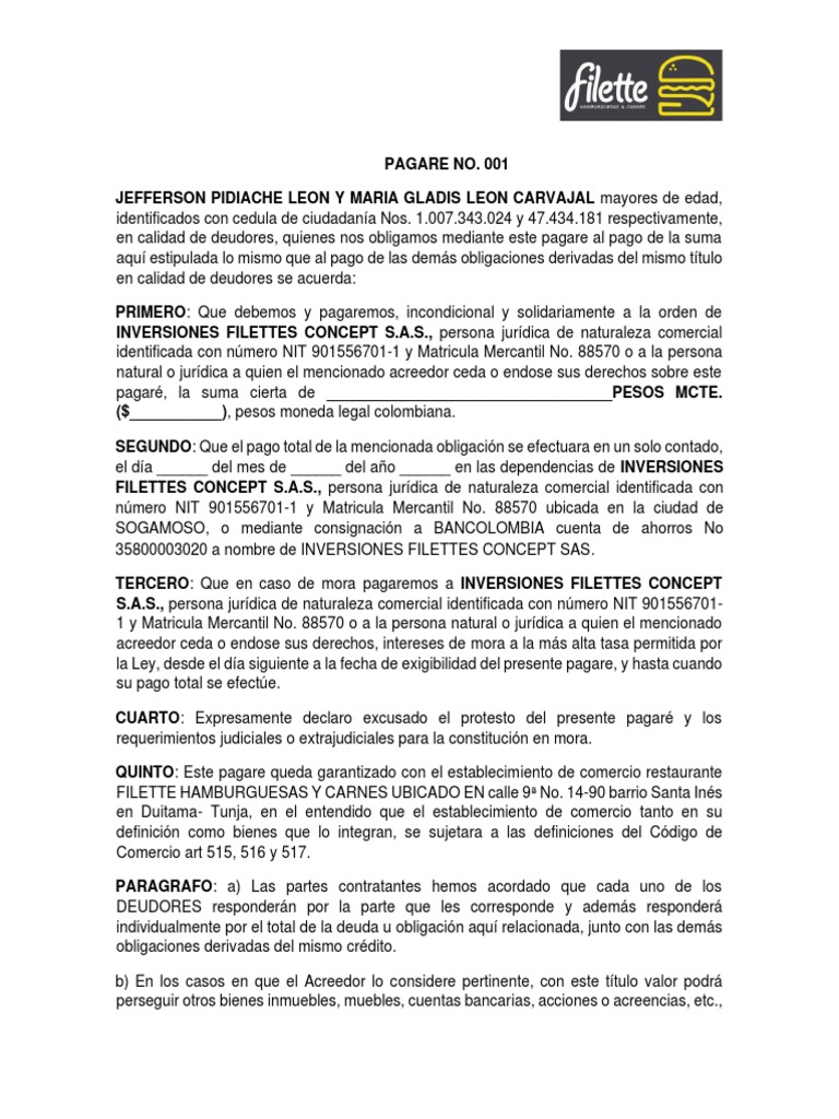 Pagare y Carta de Instrucciones Filette Duitama | PDF