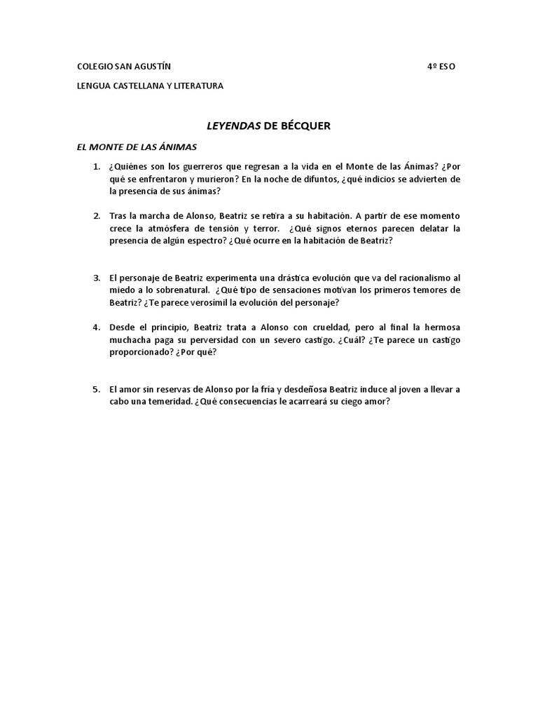 Cuestiones Leyendas de Bécquer | PDF