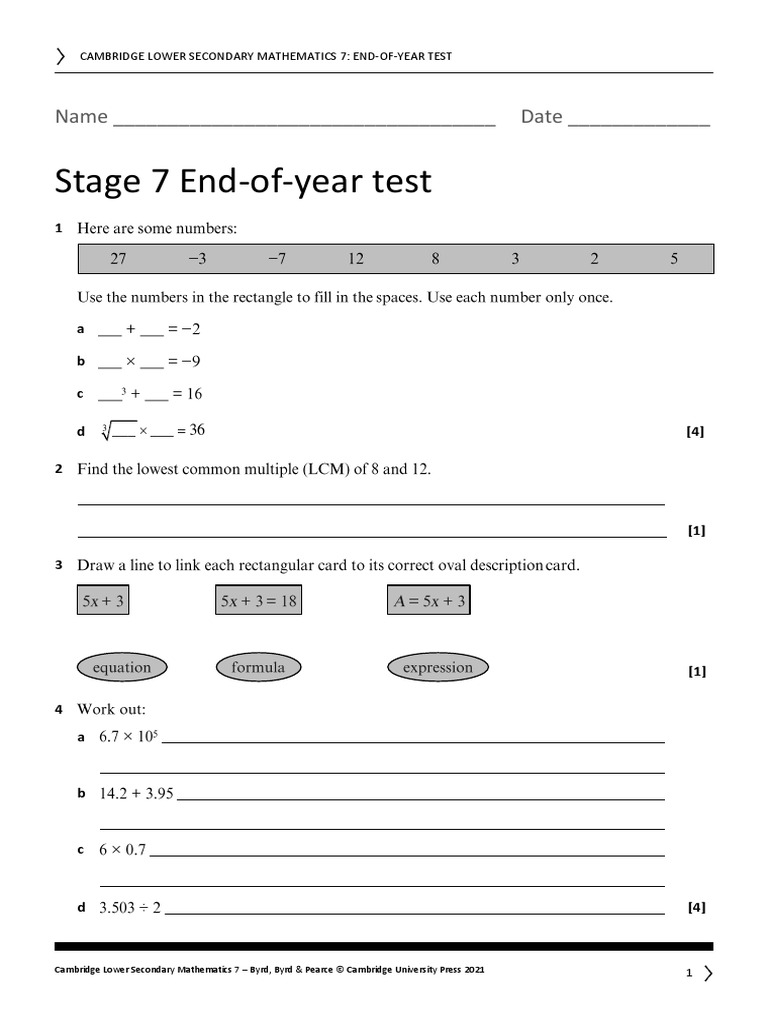 LS Maths 7 End of Year Test | PDF | Mathematics | Arithmetic