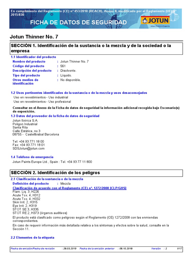 HDS JOTUN Thinner N°7 | PDF | Residuos | Ciencias fisicas