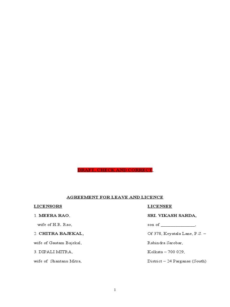AGREEMENT FOR LEAVE AND LICENCE Chitra Rao | PDF | License | Natural ...