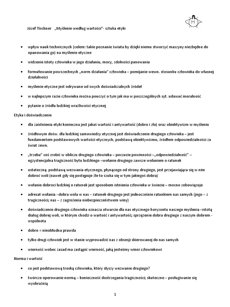 Józef Tischner - Myślenie Według Wartości - Sztuka Etyki | PDF