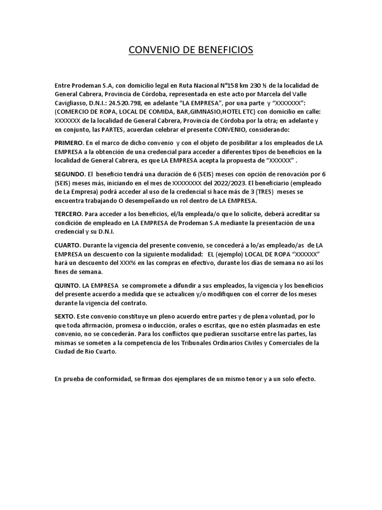 Convenio de Beneficios - Prodeman | PDF
