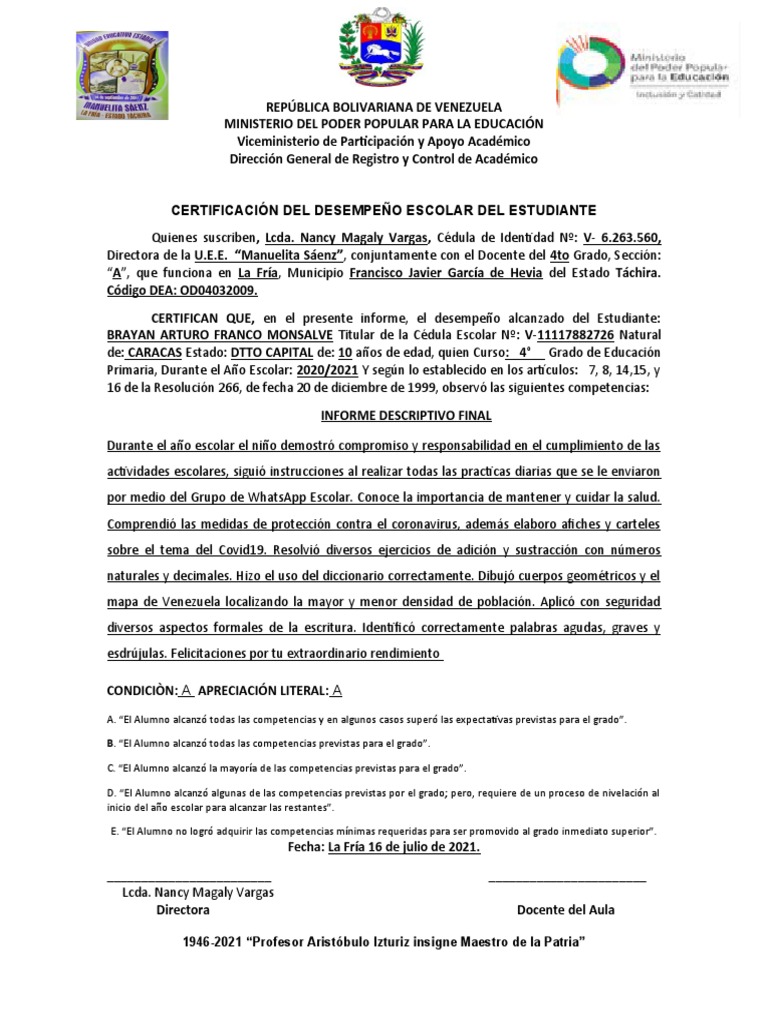 CERTIFICADO FINAL 4TO A | PDF | Maestros | Educación primaria