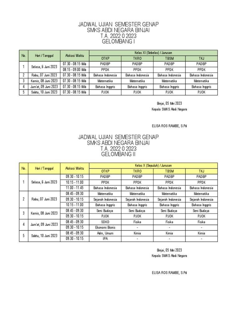 Roster Ujian Semester | PDF