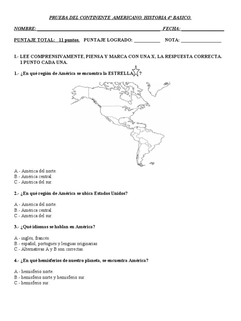 Prueba de AMERICA 4° BASICO | PDF
