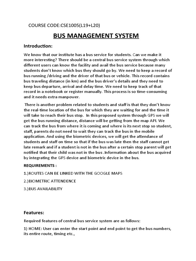 Bus Management System: COURSE CODE:CSE1005 (L19+L20) | PDF