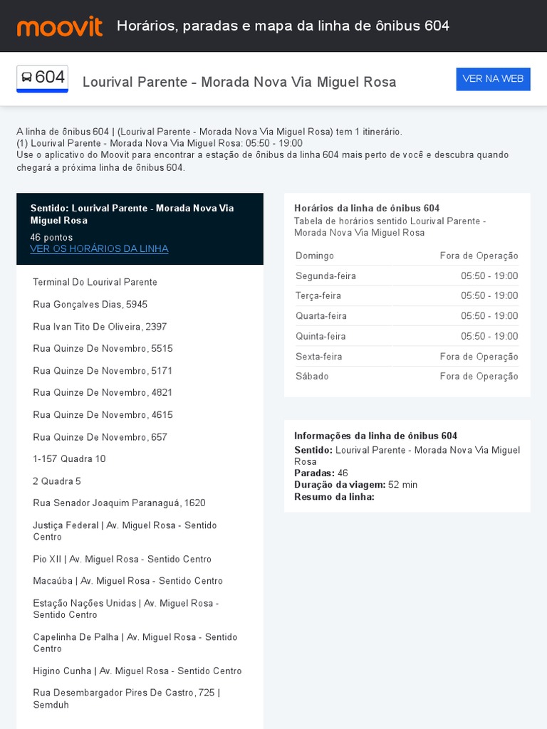 Lourival Parente - Morada Nova Via Miguel Rosa: Horários, Paradas e Mapa Da Linha de Ônibus 604 ...