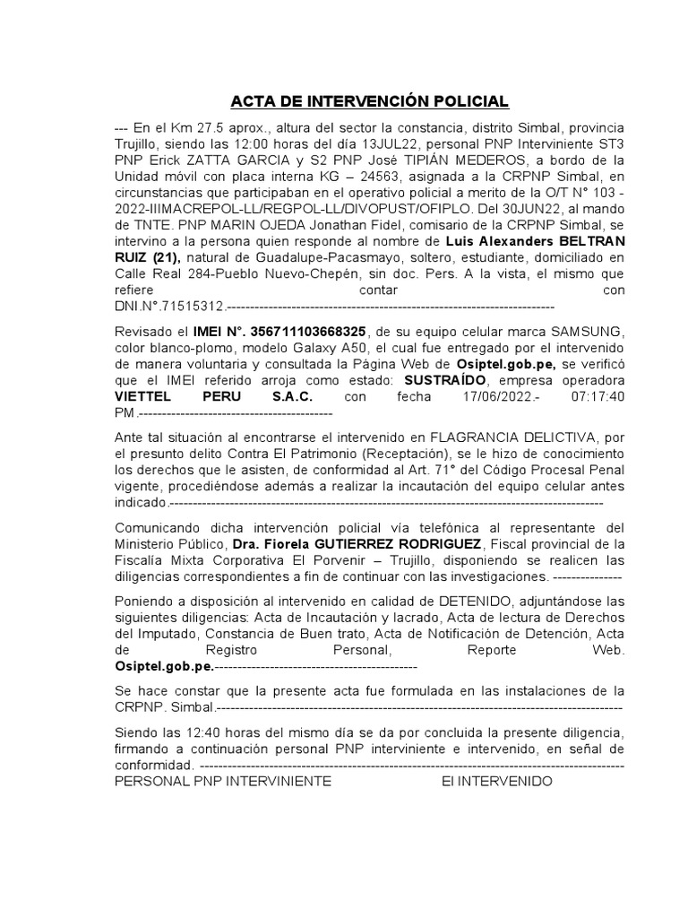 Acta de Intervencion de Receptacion | PDF | Crímenes | Crimen y violencia