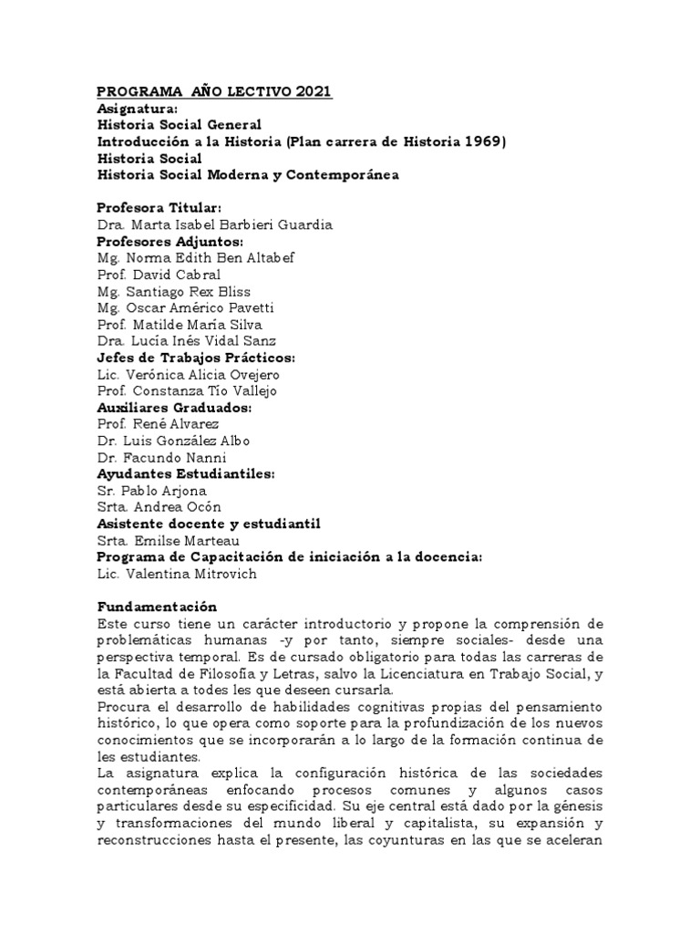 Programa Historia Social-Final Ciclo Lectivo 2021 - Contexto de Pandemia y Virtualidad | PDF ...