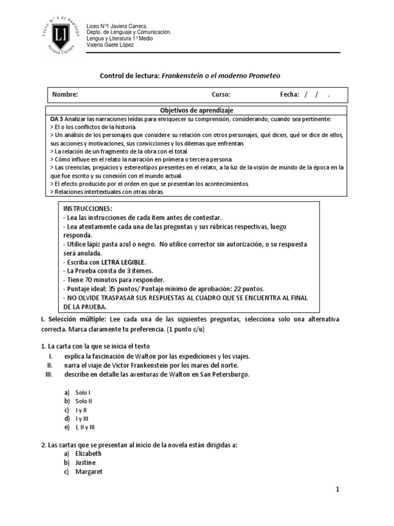 Control de Lectura Frankenstein | PDF | Frankenstein