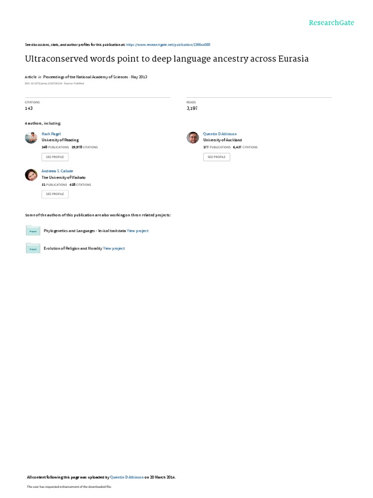 Ultraconserved Words Point To Deep Language Ancest | Download Free PDF ...