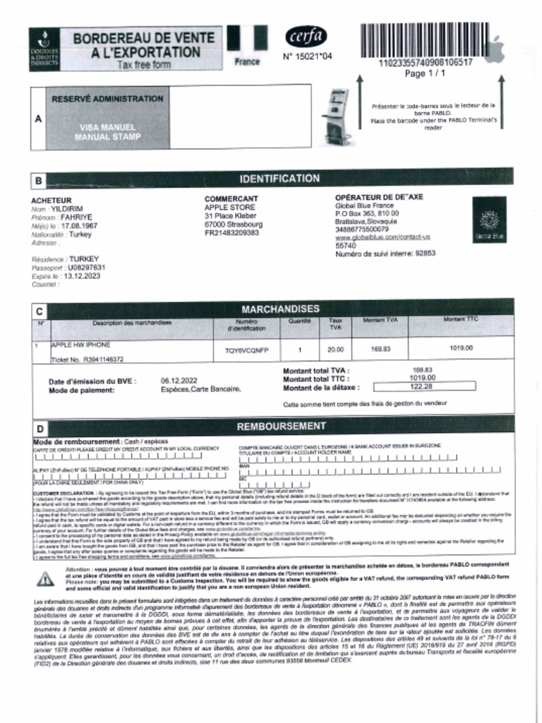 Global Blue Tax Free Form | PDF