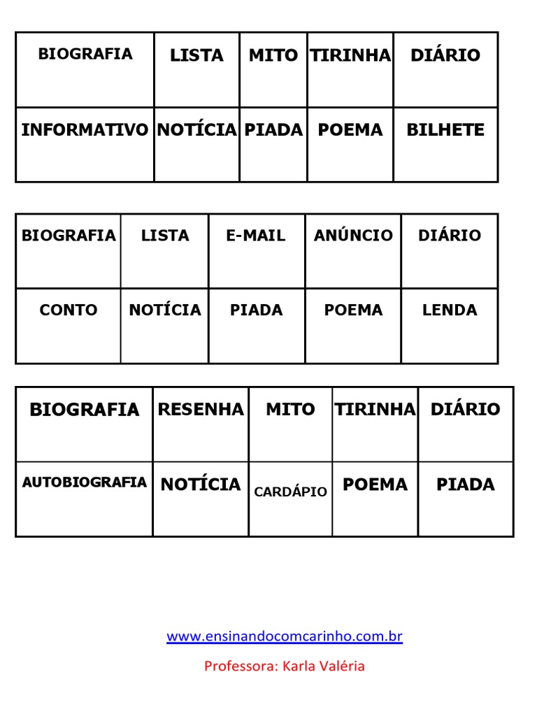 Cartelas Bingo Dos Gêneros Textuais | PDF