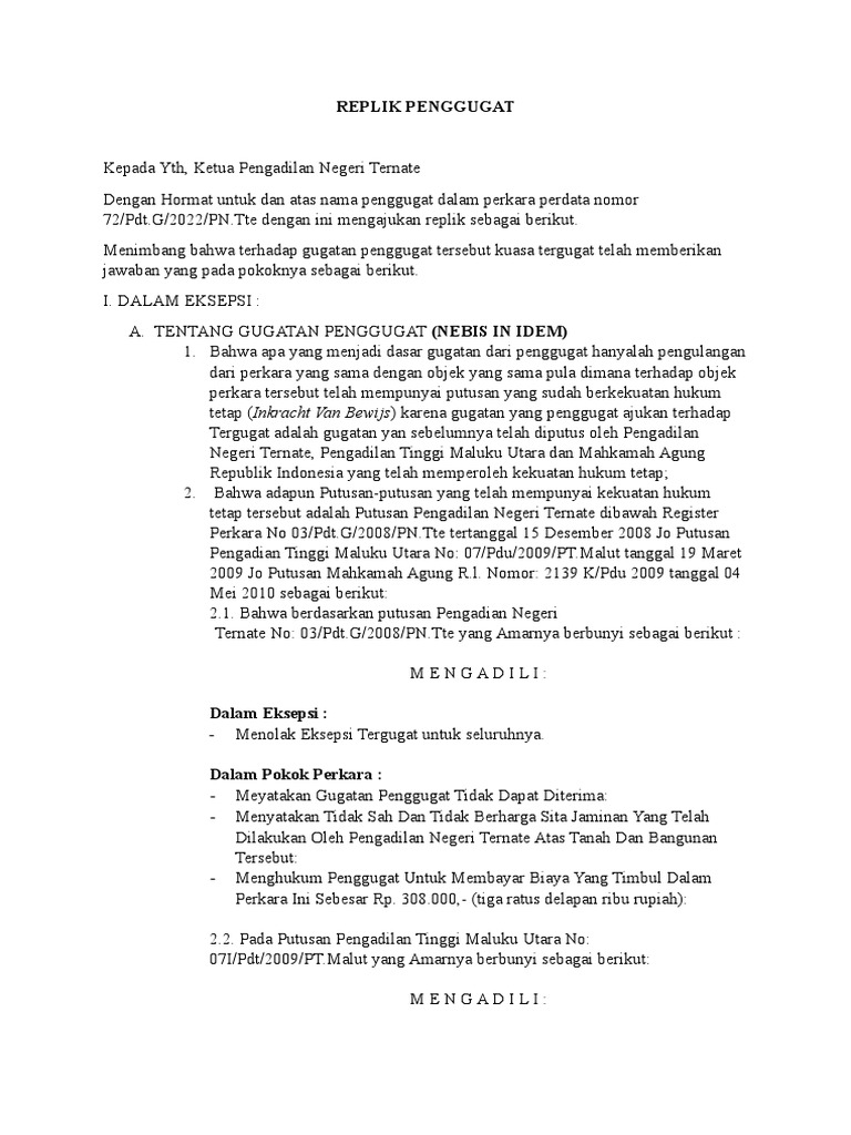 Replik Penggugat Perdata Ternate | PDF | Griya & Taman