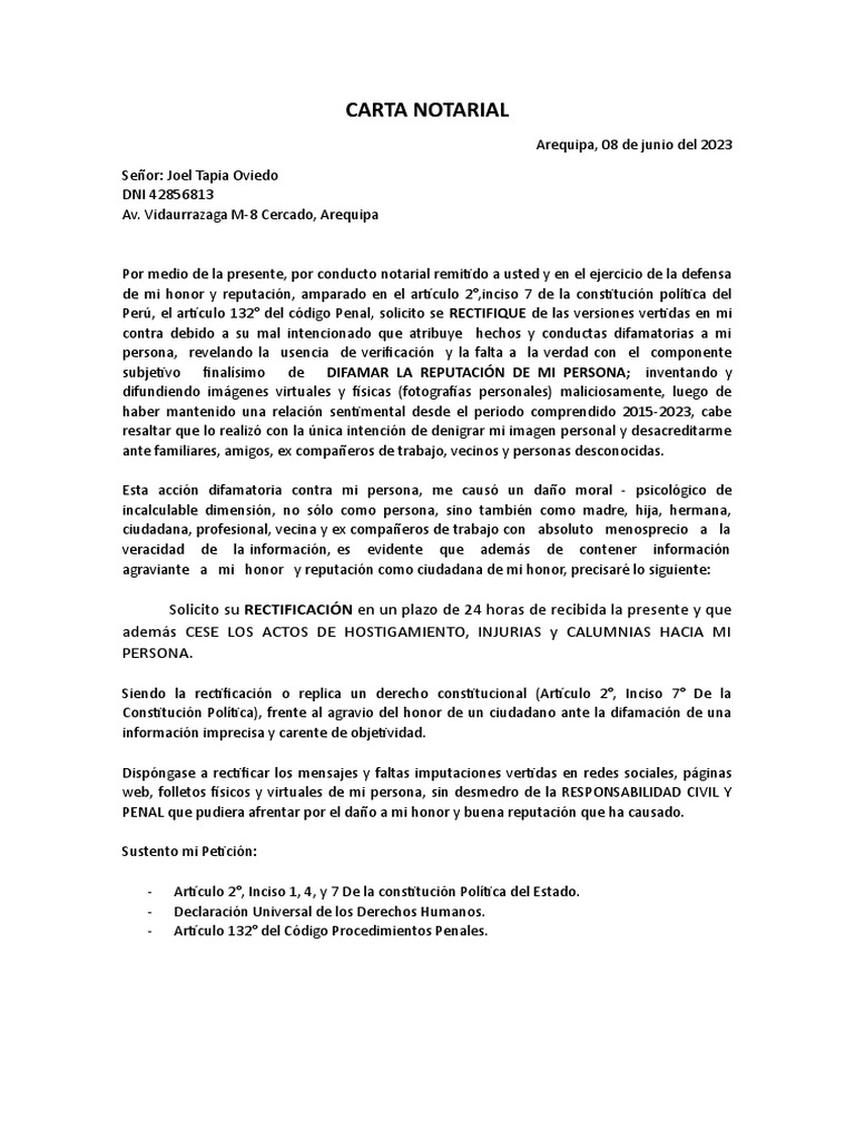 Carta Notarial Joel Tapia Oviedo AREQUIPA-PERÚ | PDF | Principios ...