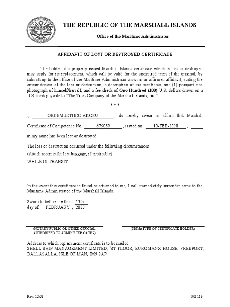 MI 116 Affidavit of Lost or Destroyed Certificate | PDF