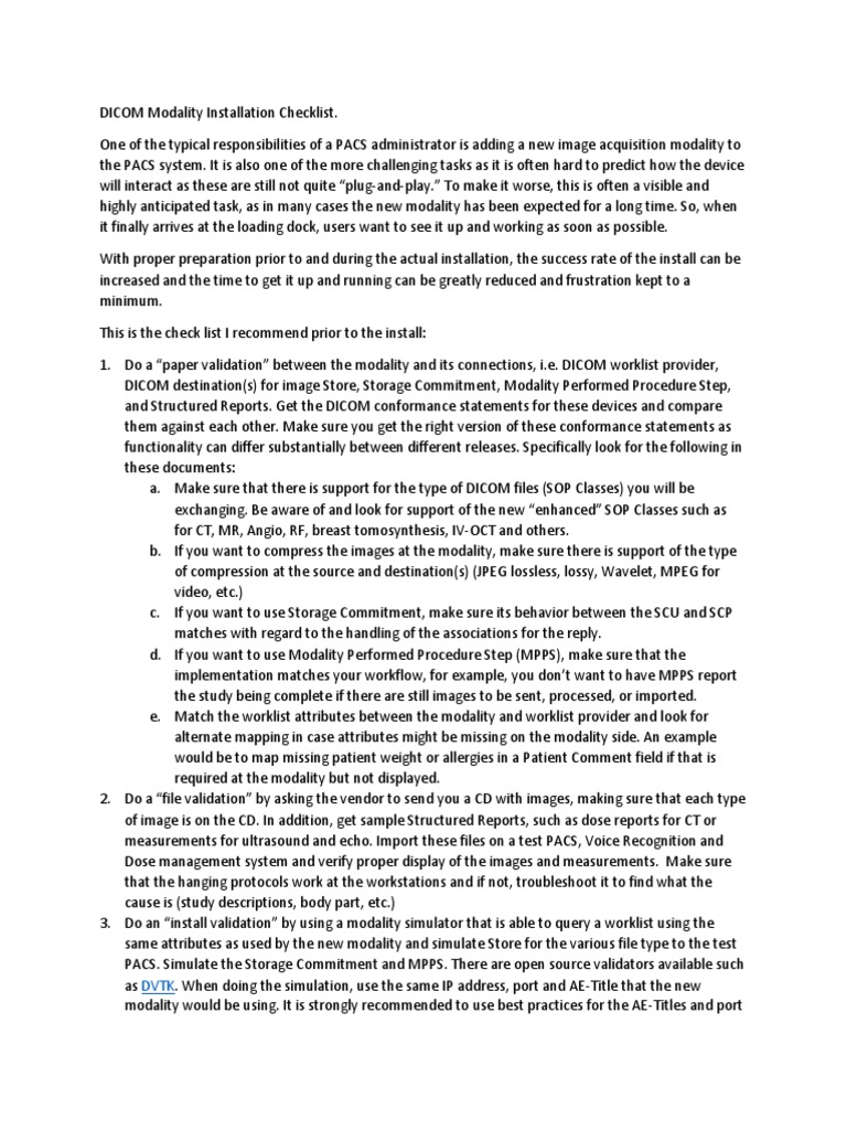 DICOM Modality Installation Checklist | PDF | Medical Imaging | Data ...