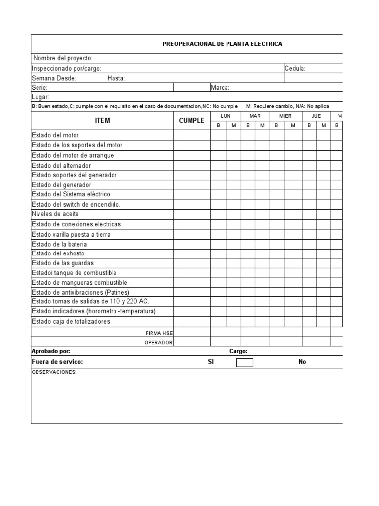 Preoperacional de Planta Electrica | PDF