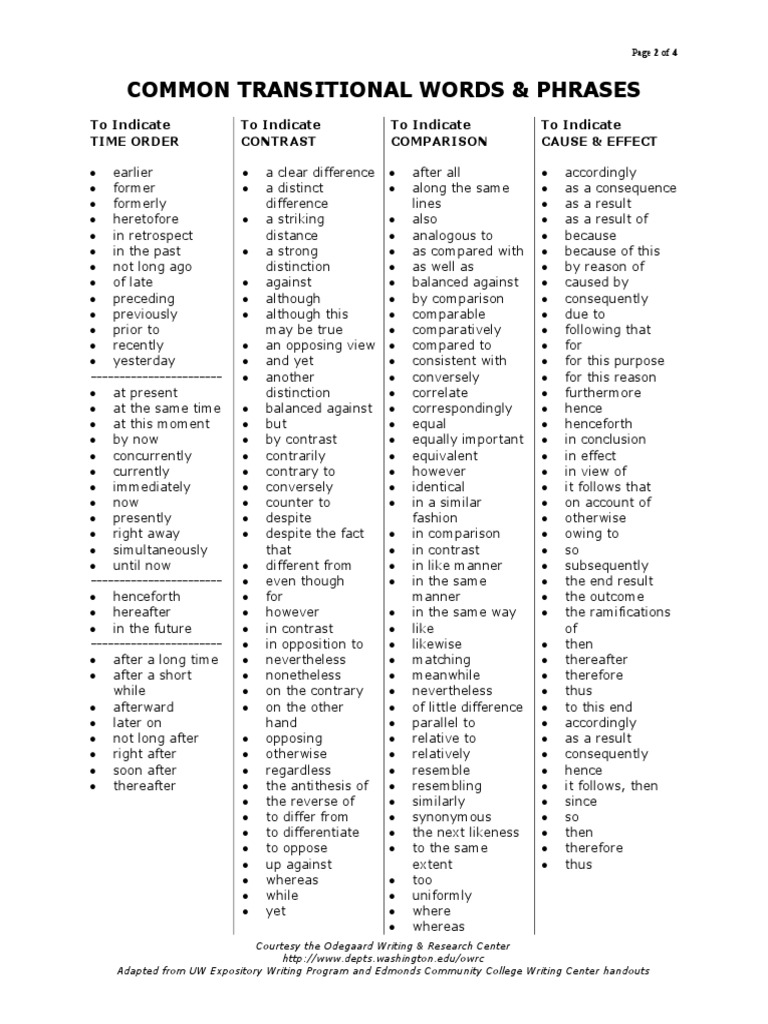 Handout - Transitional Words and Phrases | PDF