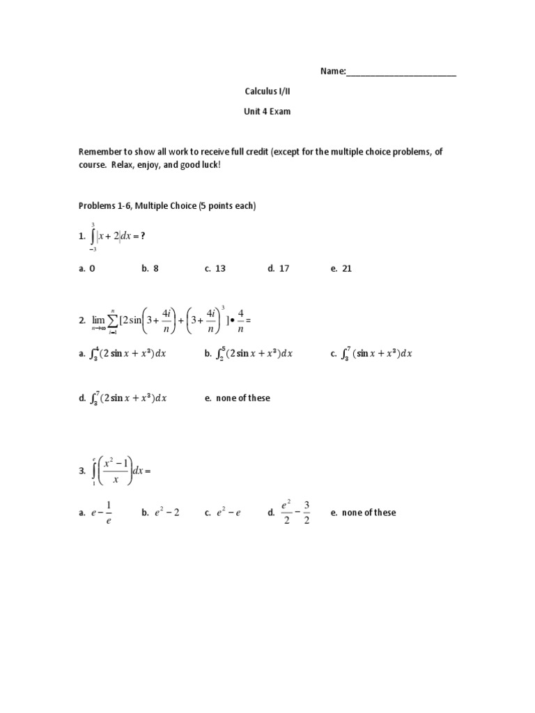 Calc I-II Unit 4 Exam | PDF | Applied Mathematics | Geometry