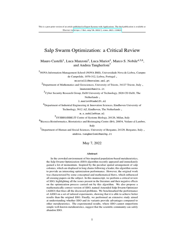 2021 - Salp Swarm Optimization - A Critical Review | PDF ... 2021 - Salp Swarm Optimization - A Critical Review | PDF ...