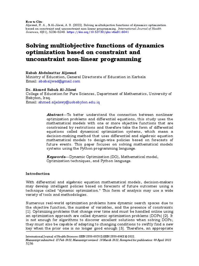 2022 Solving Multiobjective Functions Of Dynamics Optimization Pdf Mathematical