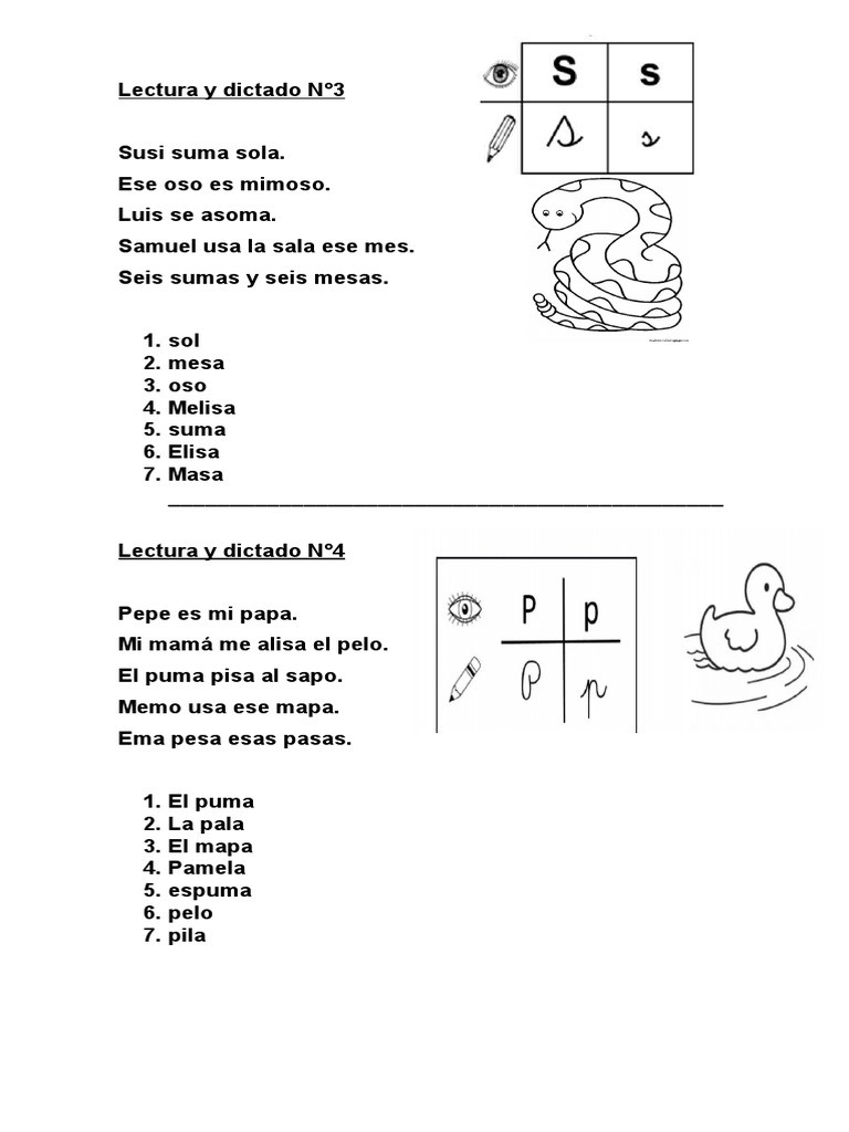 Lectura y Dictado Letra S y P | PDF