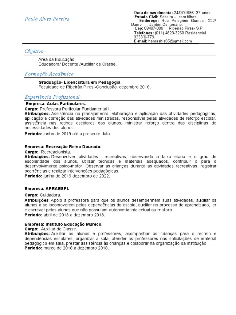 Curriculo Pedagogia Paula | PDF