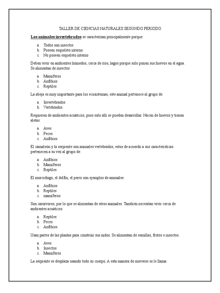 Taller de Ciencias Naturales Segundo Periodo | PDF | Mamíferos | Reptil