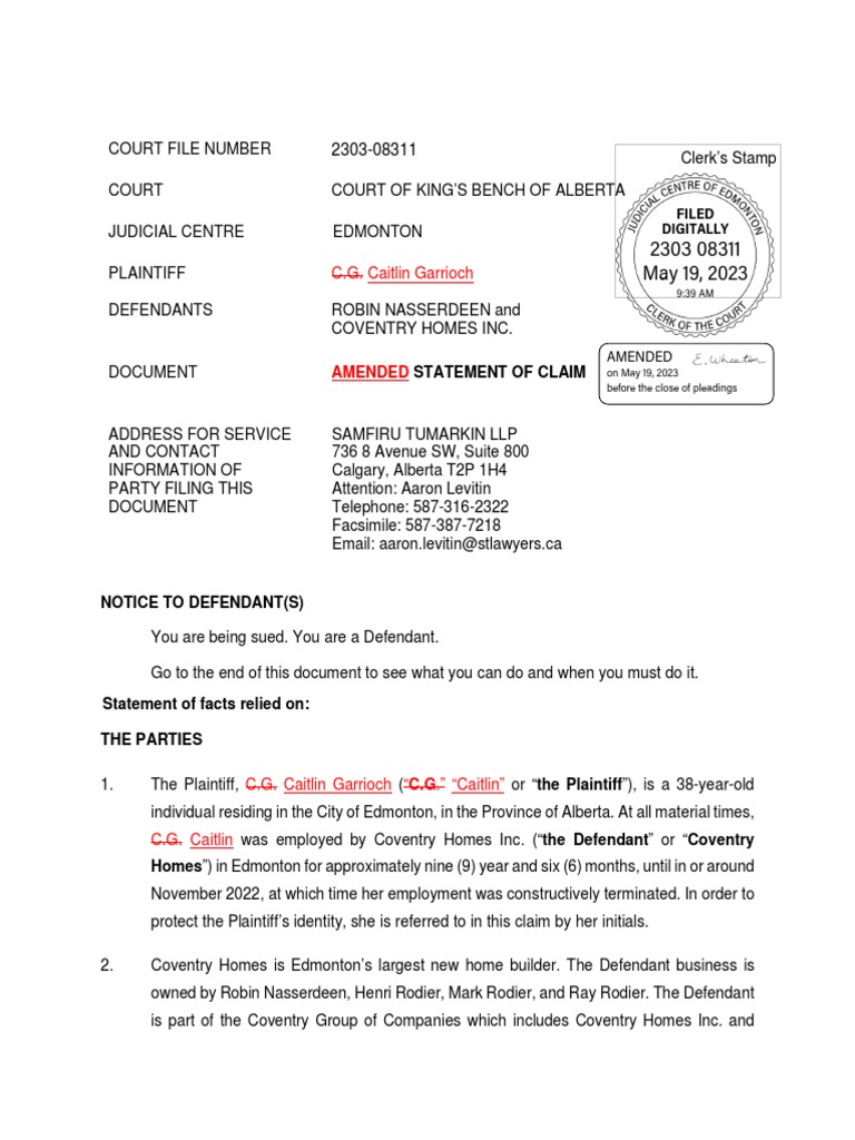 Amended Claim: Garrioch v. Coventry Homes | PDF | Damages | Sexual ...