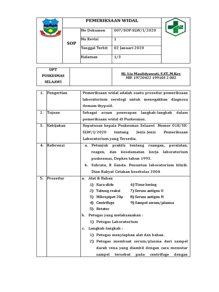 19.SOP PEMERIKSAAN WIDAL | PDF