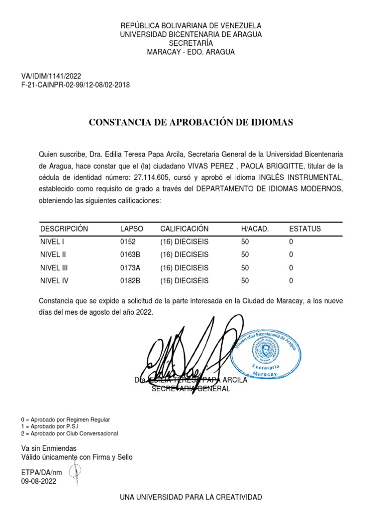 Constancia de Aprobación de Idiomas | PDF