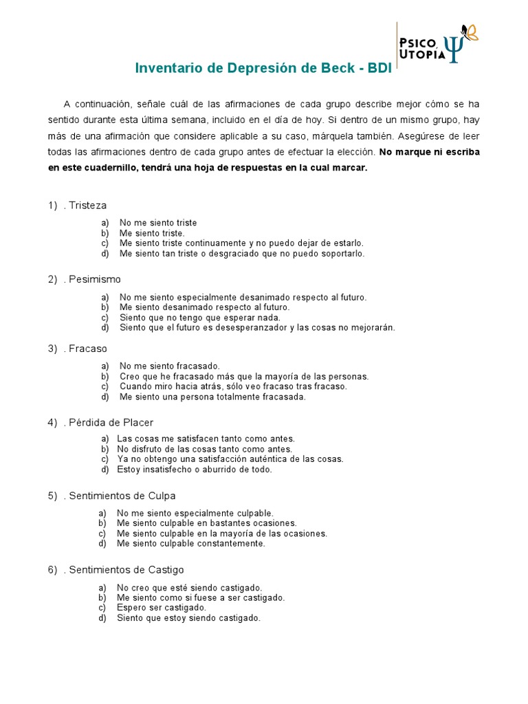 BDI - Inventario de Depresión de Beck | PDF | Depresión (estado de ...