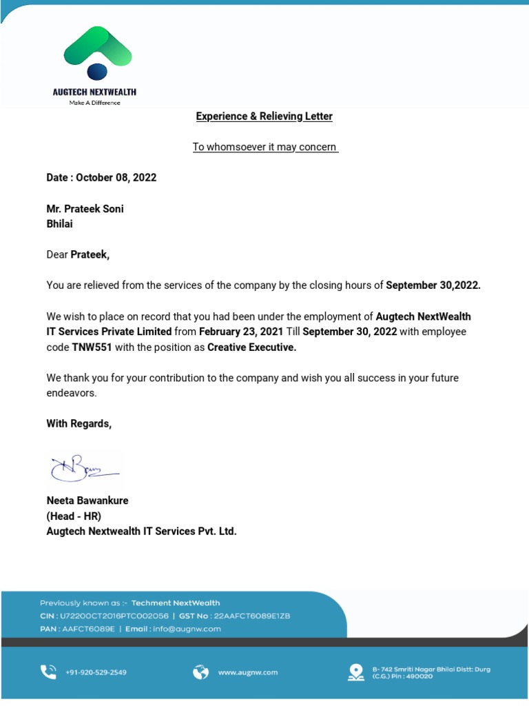 Experience Letter - Prateek Soni | PDF