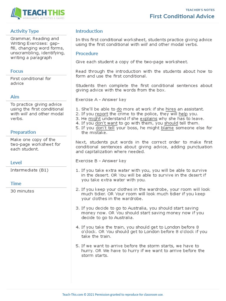 First Conditional Advice Worksheet Unlocked | PDF | Grammar | Linguistics