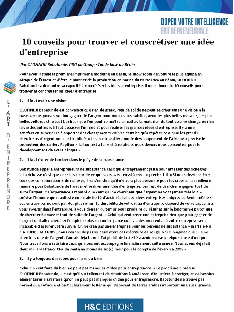 10 conseils pour concrétiser une idée d'entreprise | PDF | Afrique