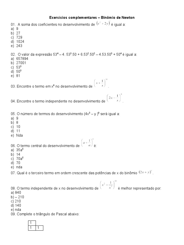 Lista Binomio de Newton 2mc3a9dio | PDF | Combinatória | Análise complexa